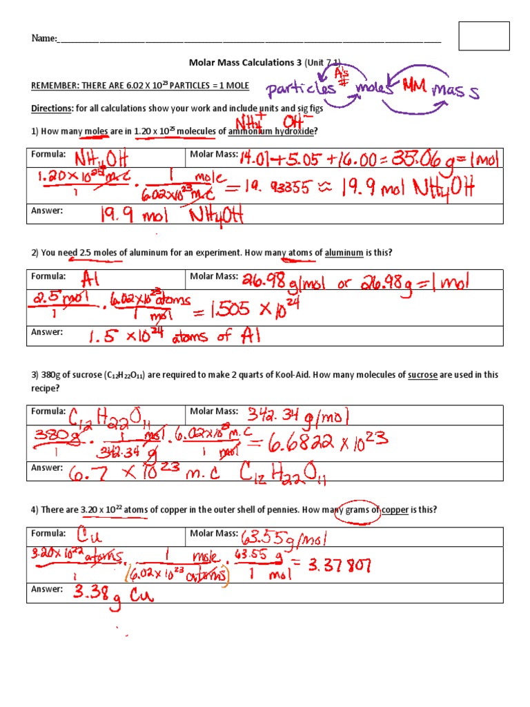 Molar Mass Calculations 3 Key | PDF