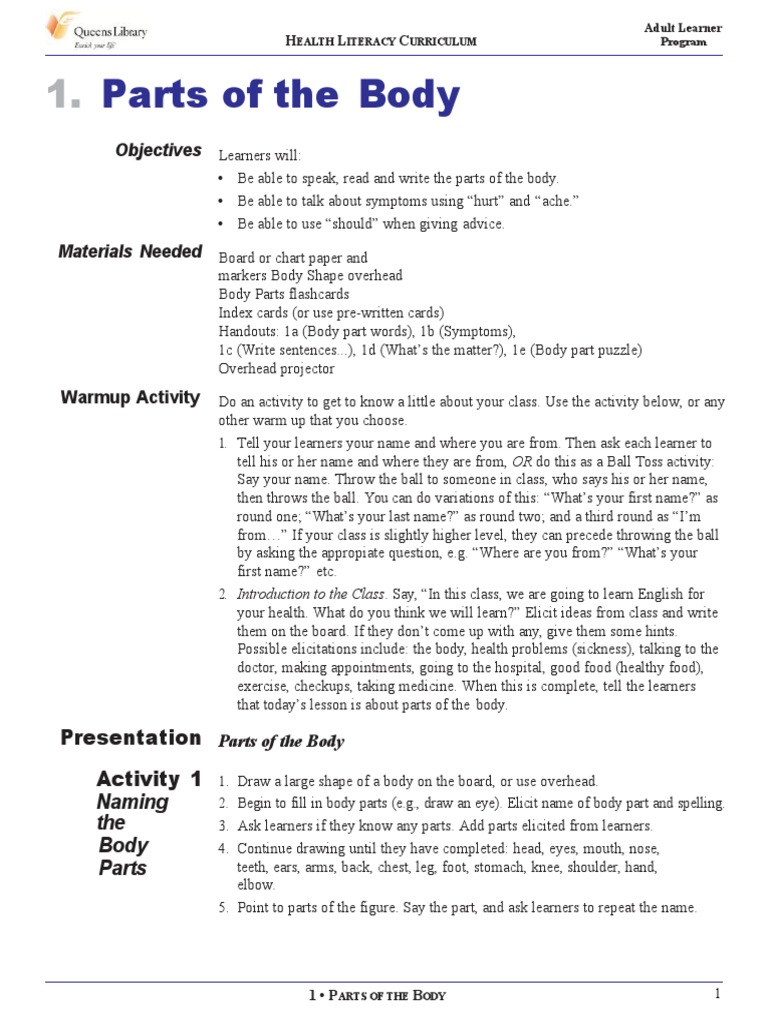 Parts of The Body: Objectives | PDF | Literacy | Learning