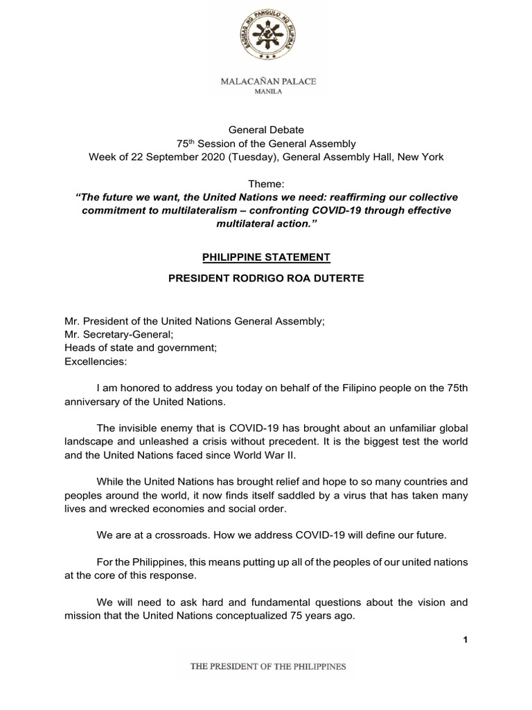 2020sep22 Statement of President Rodrigo Roa Duterte During The General ...