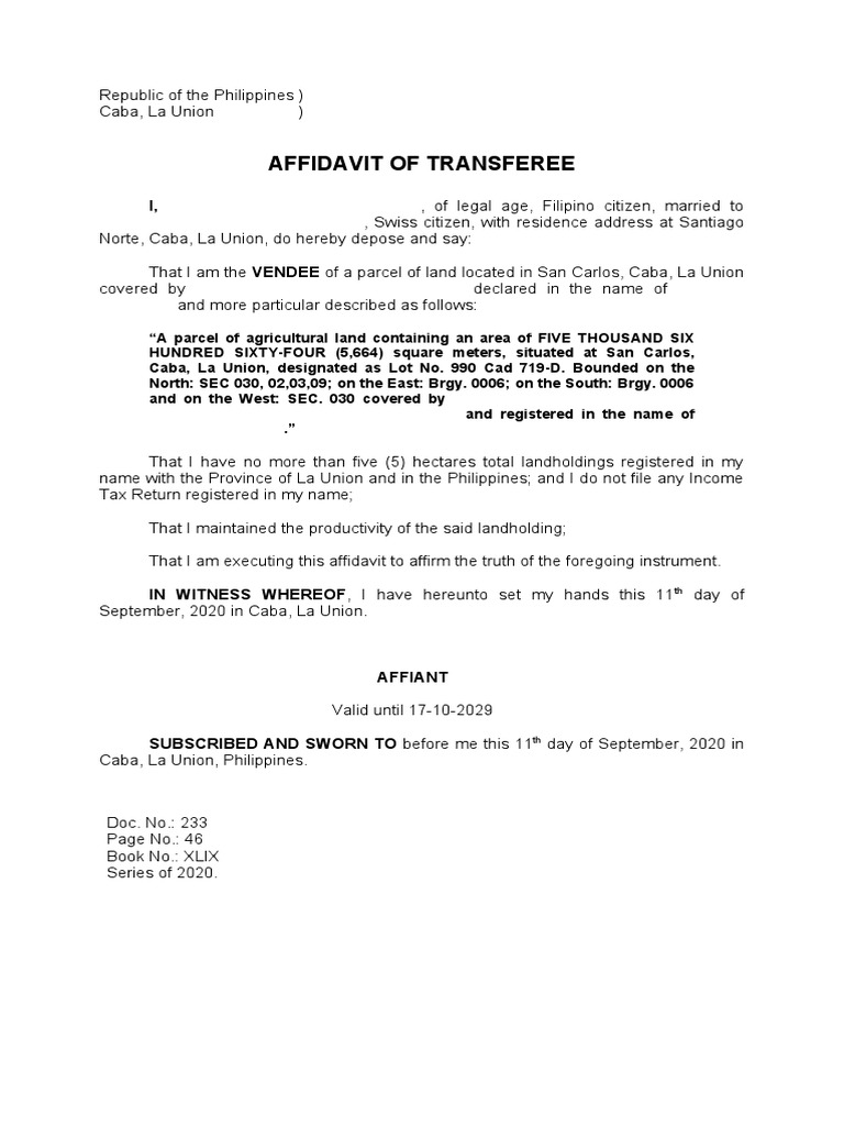 Affidavit of Transferee | PDF