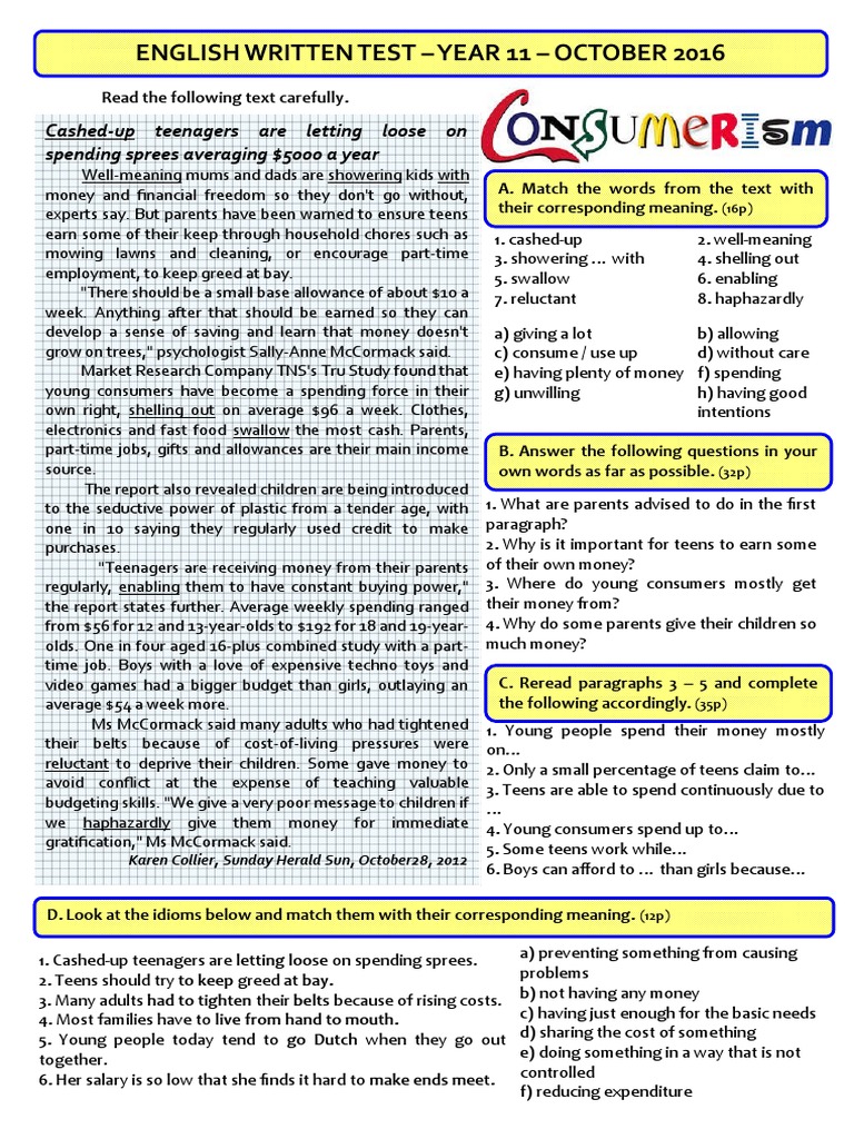 Teen Spending 11th Grade Test On Consumerism Tests - 92052 | PDF
