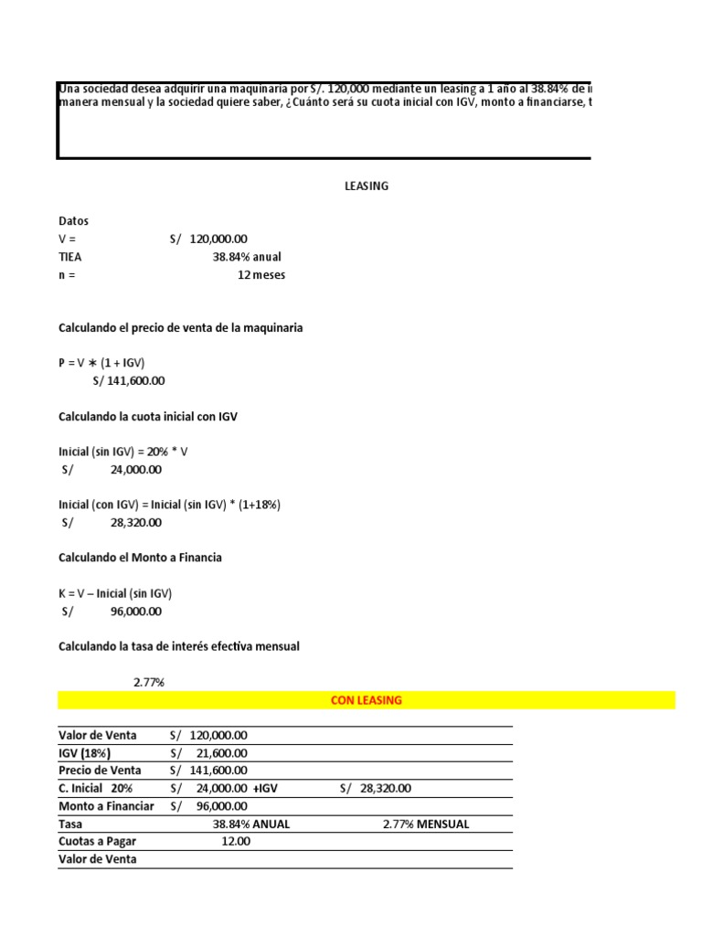 Ejemplo de Leasing | PDF | Interés | Arrendamiento