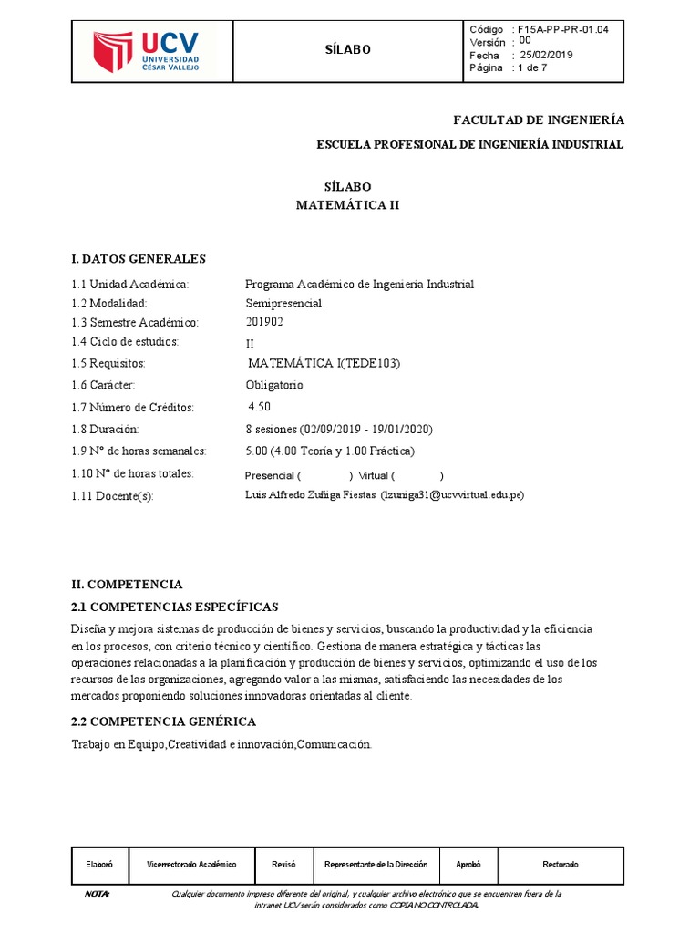 Silabo Matematica 2 Ucv | PDF | Integral | Derivado