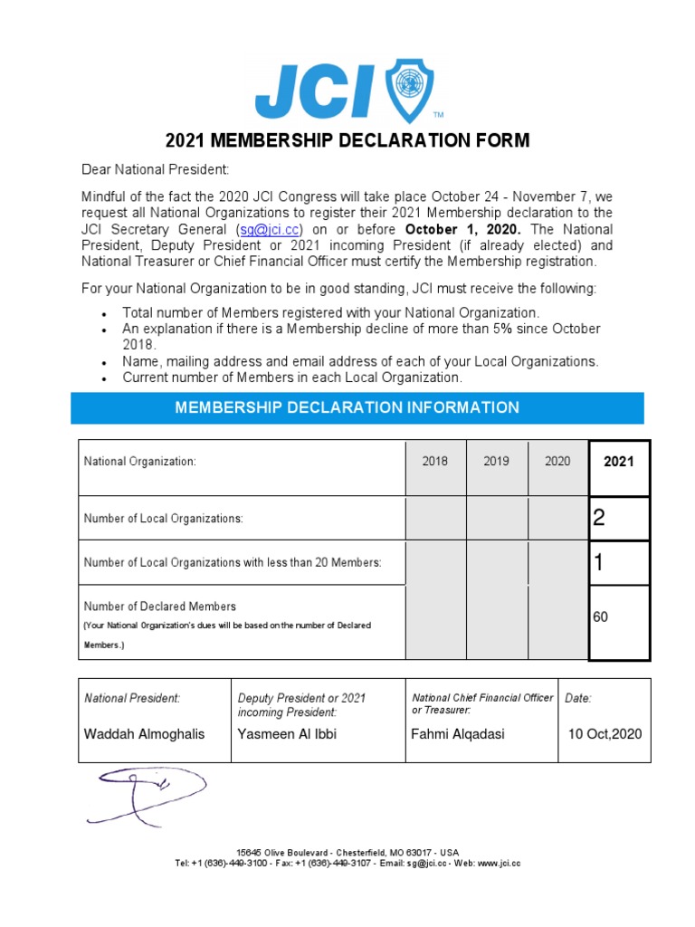 2021 JCI Membership Declaration Form Template PDF | PDF