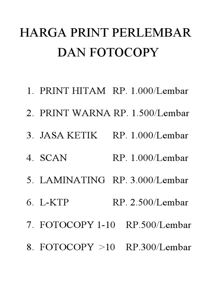 Harga Print Perlembar | PDF