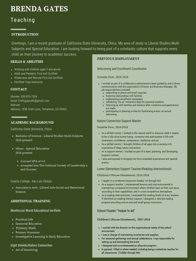Brenda Gates Resume | PDF | Montessori Education | Mentorship