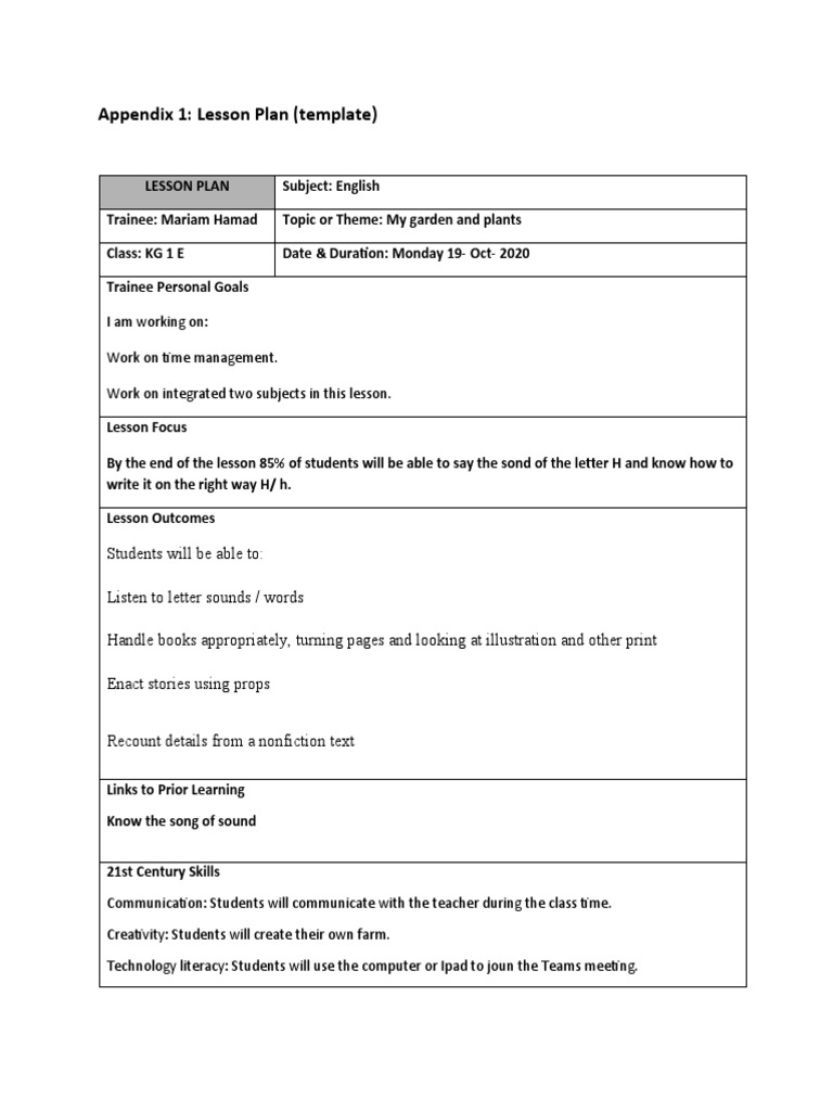 Appendix 1: Lesson Plan (Template) | PDF | Lesson Plan | Human ...
