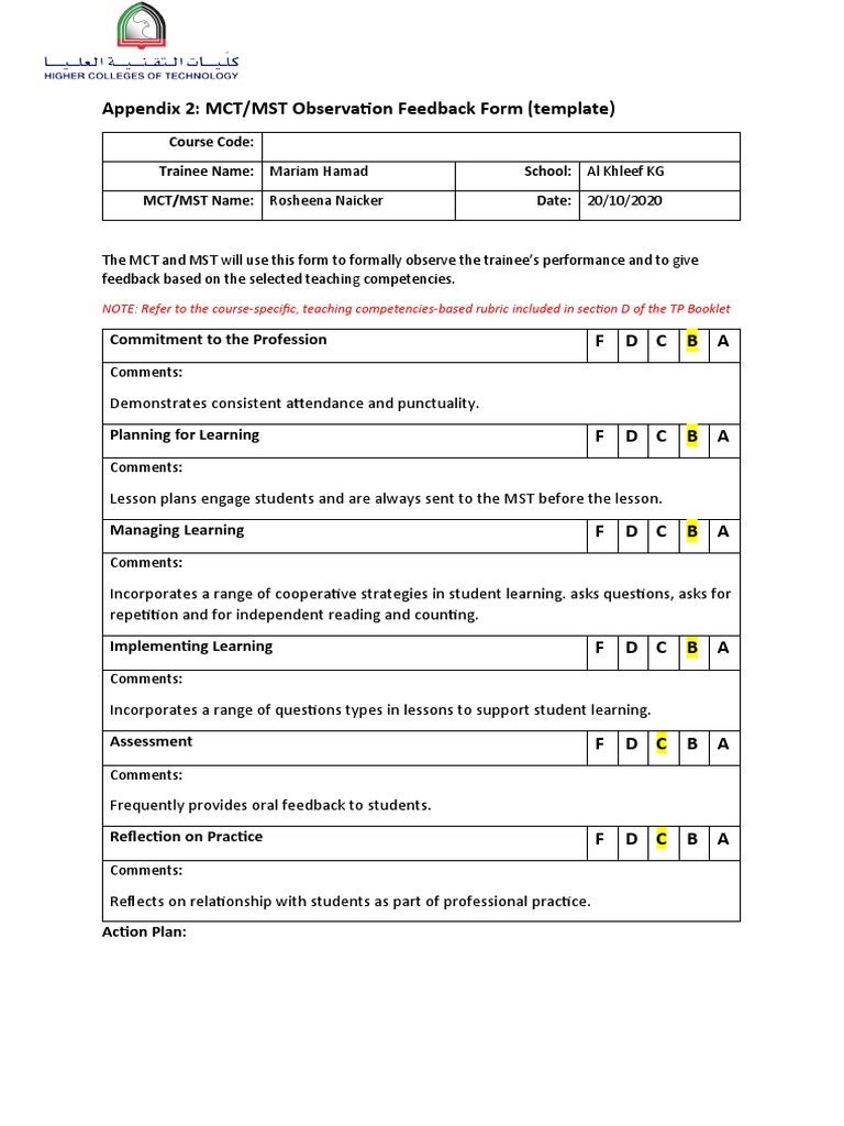 Appendix 2: MCT/MST Observation Feedback Form (Template) : Commitment ...