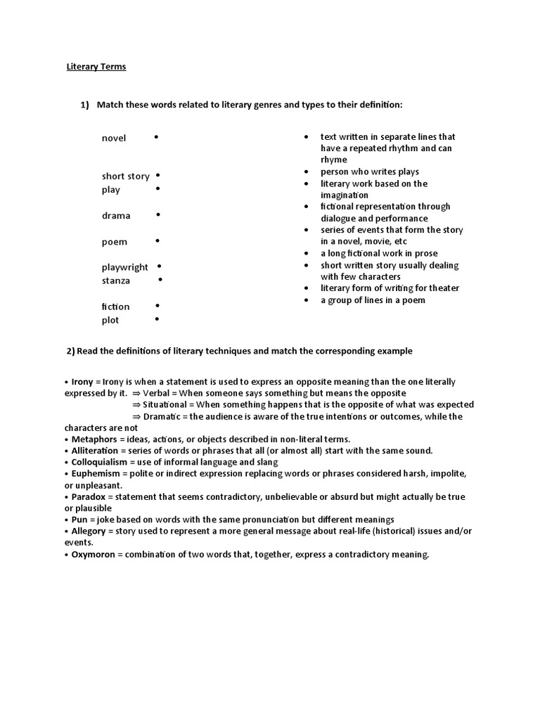 Novel: 1) Match These Words Related To Literary Genres and Types To ...