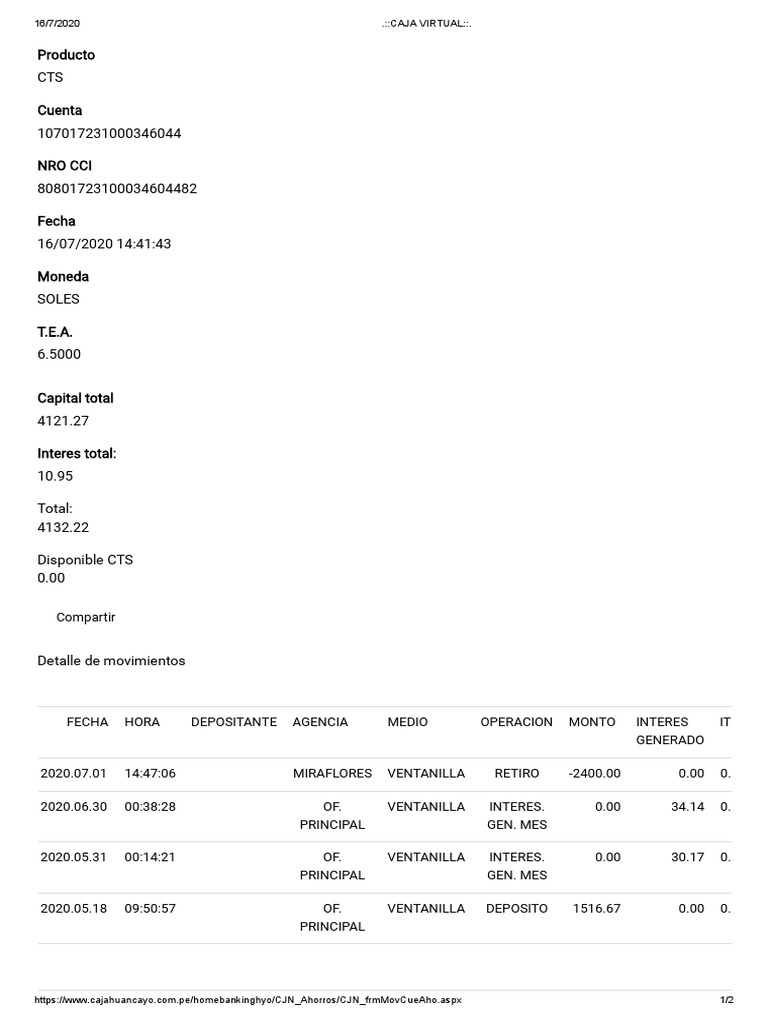 Detalle Movimientos CTS en Soles | PDF