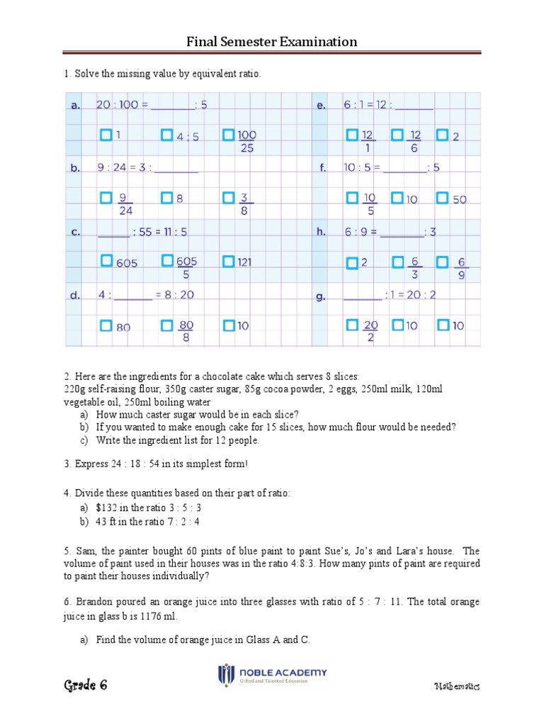Grade 6 Math Exam: Ratios & Proportions | PDF | Art | Science & Mathematics