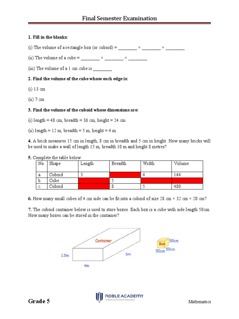 Grade 5 Volume of Cube and Cuboid Exam | PDF | Home & Garden