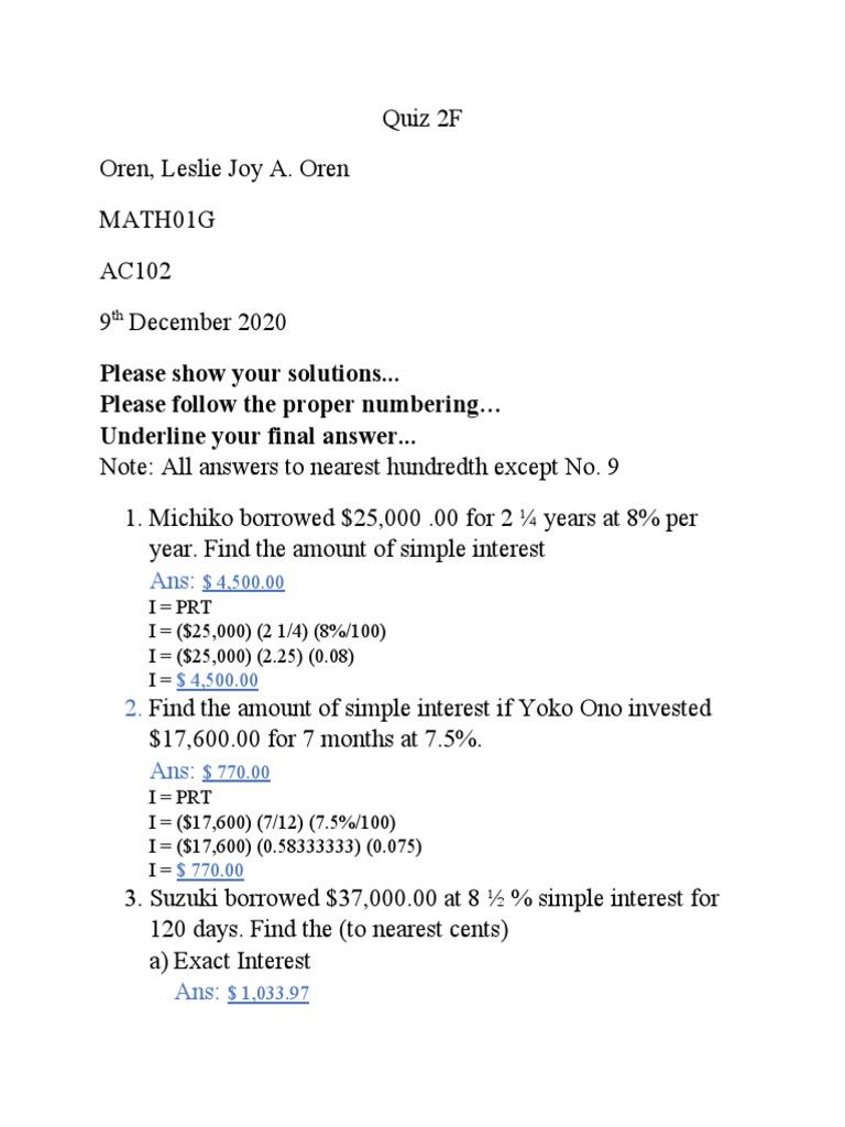 OREN - AC 102 (Quiz 2F) | PDF | Demand For Money | Interest