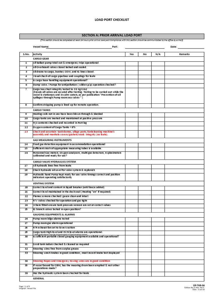 Load Port Checklist: Vessel Name: Port: Date: S.No. Activity Yes No N/A ...