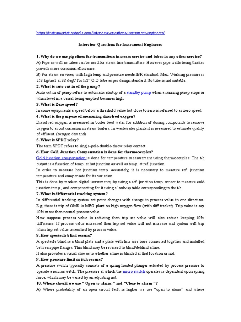 Interview Questions For Instrument Engineers | PDF | Switch | Energy ...