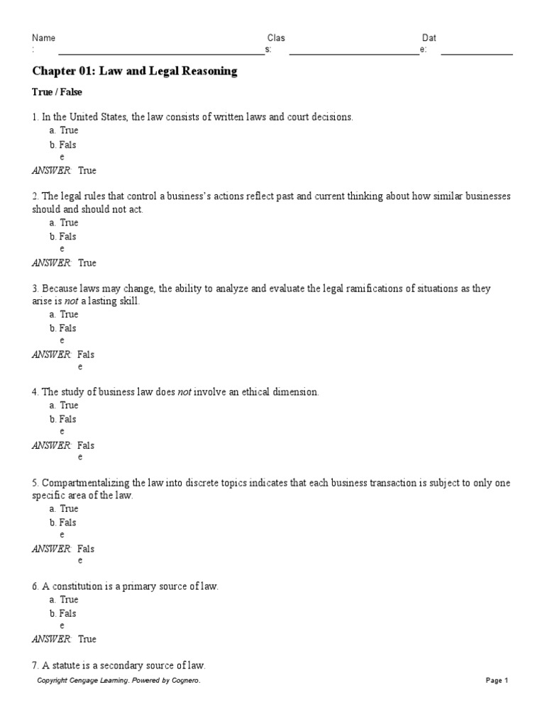 Chapter 01: Law and Legal Reasoning: 1. A. True B. Fals e | PDF ...
