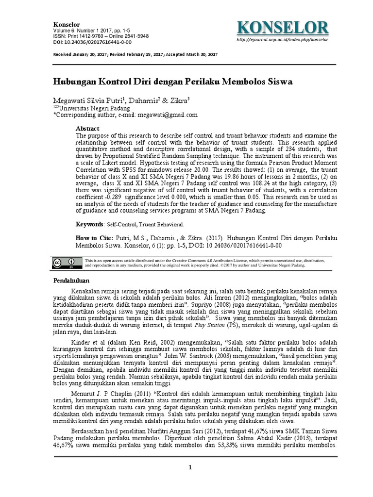 Hubungan Kontrol Diri Dengan Perilaku Membolos Siswa: Megawati Silvia Putri, Daharnis & Zikra ...
