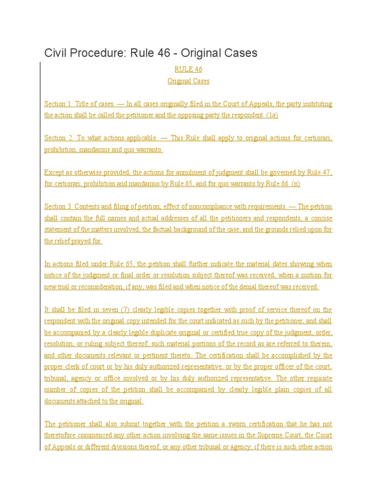 Civil Procedure: Rule 46 - Original Cases | PDF | Mandamus | Judgment (Law)