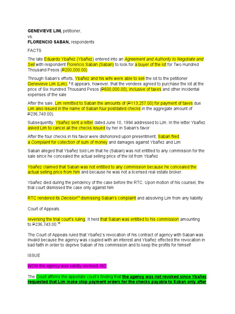 GENEVIEVE LIM Vs Saban | Download Free PDF | Real Estate Broker | Sales