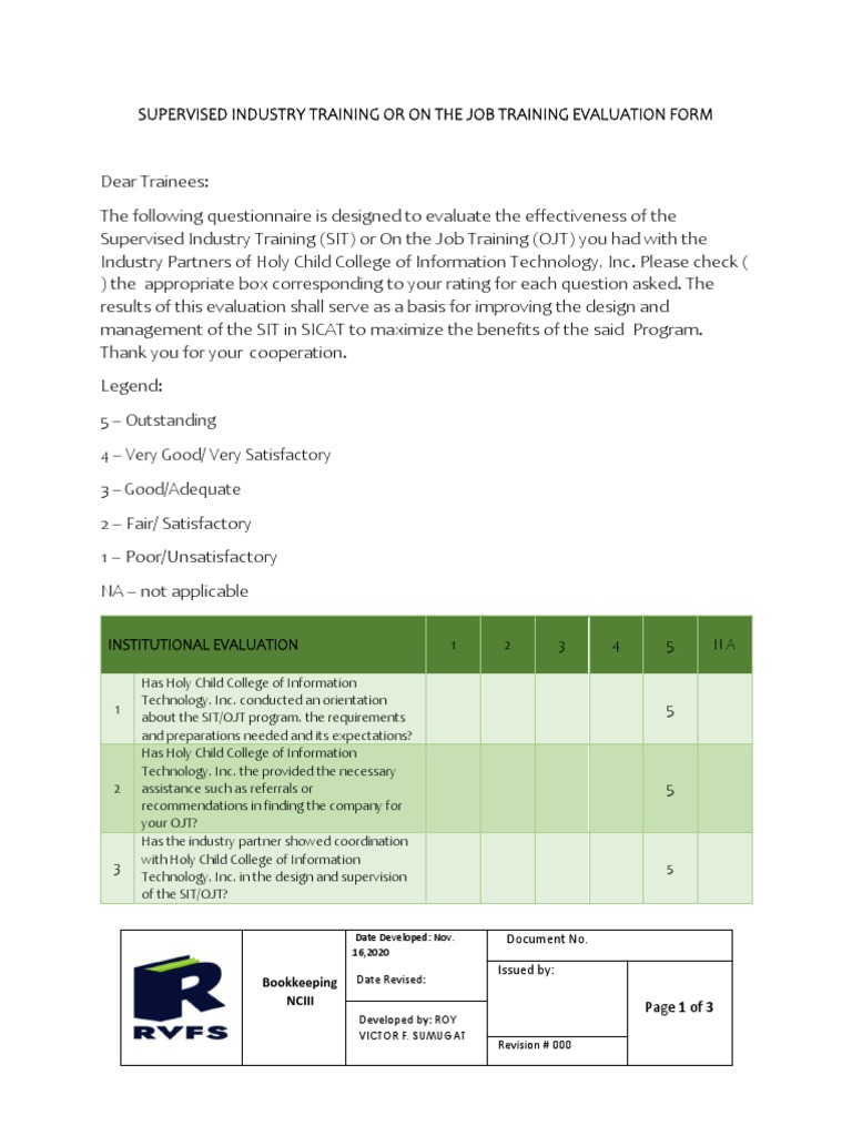 6 RVFS - SWBL Ojt Evaluation Form | PDF | Evaluation | Behavior Modification