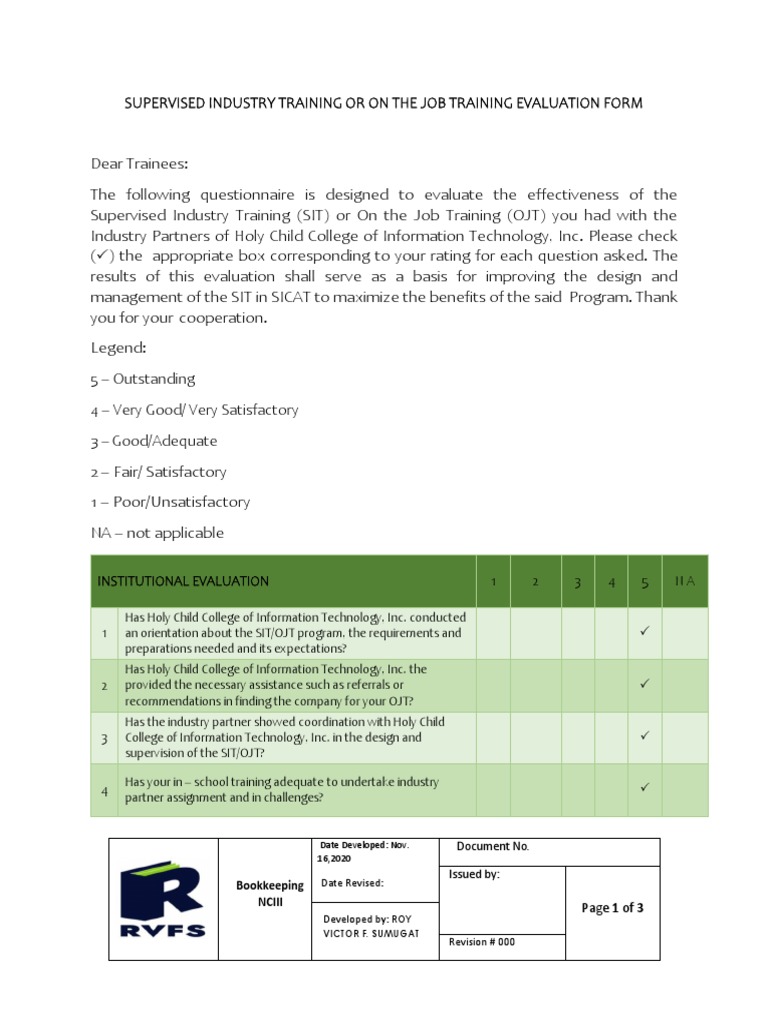 6 RVFS - SWBL OJT EVALUATION FORM - Rev 1 - 12.09.2020 | PDF | Evaluation | Behavior Modification