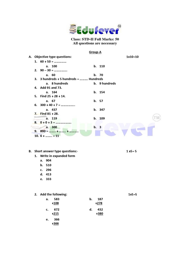 Class: STD-II Full Marks: 50 All Questions Are Necessary | PDF