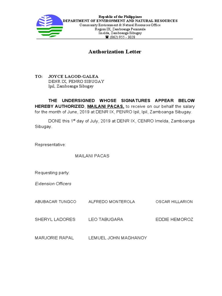 DENR Authorization Letter for Mailani Pacas to Receive Salary on Behalf ...