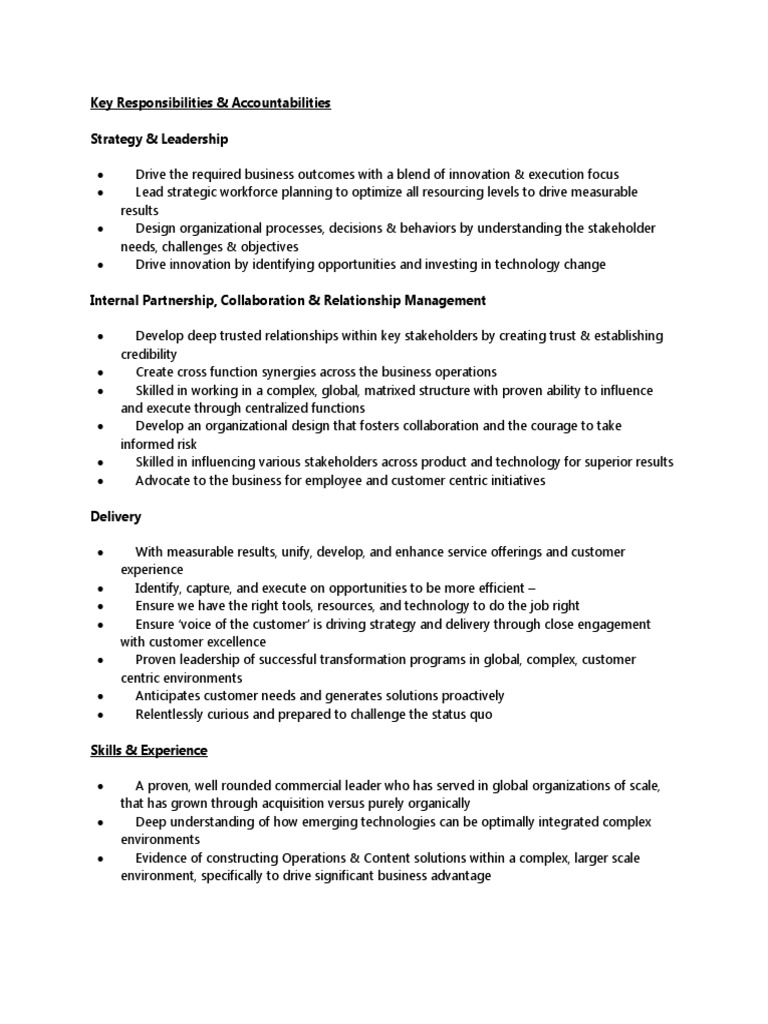 Key Responsibilities & Accountabilities Strategy & Leadership | PDF ...