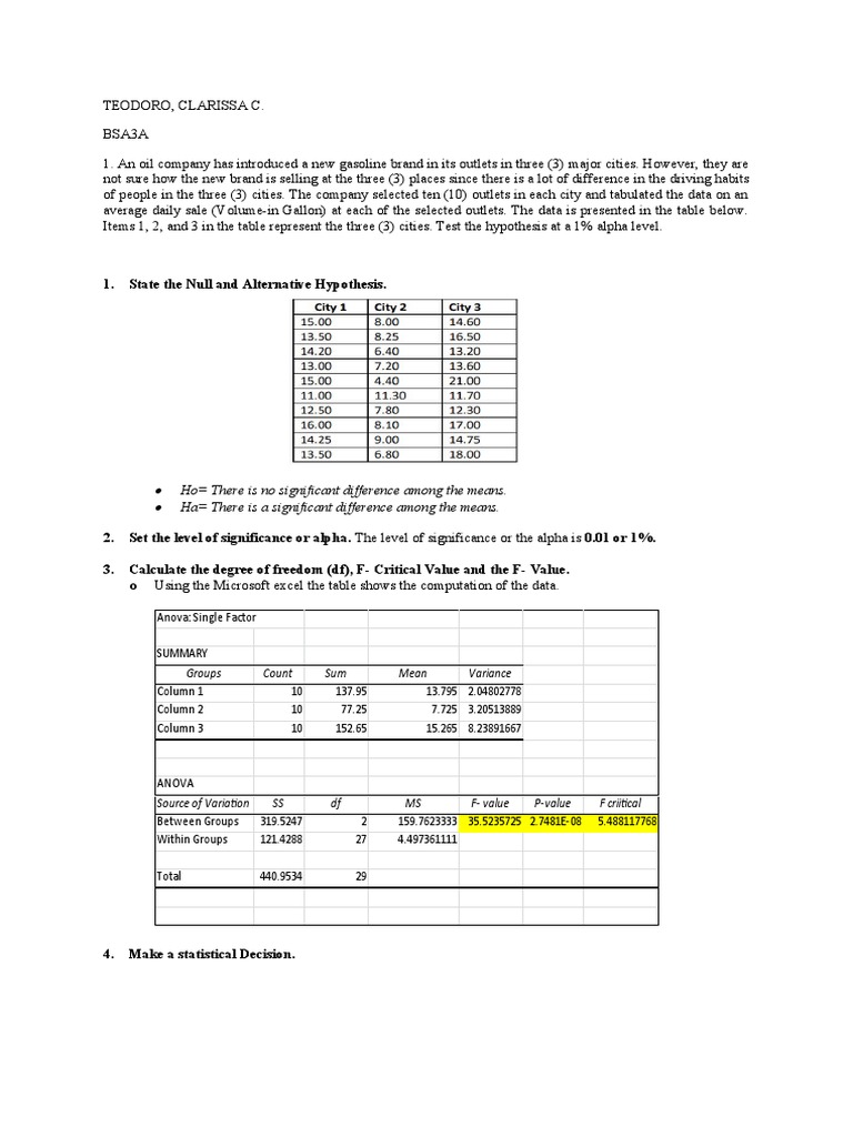 Ho There Is No Significant Difference Among The Means. Ha There Is A ...