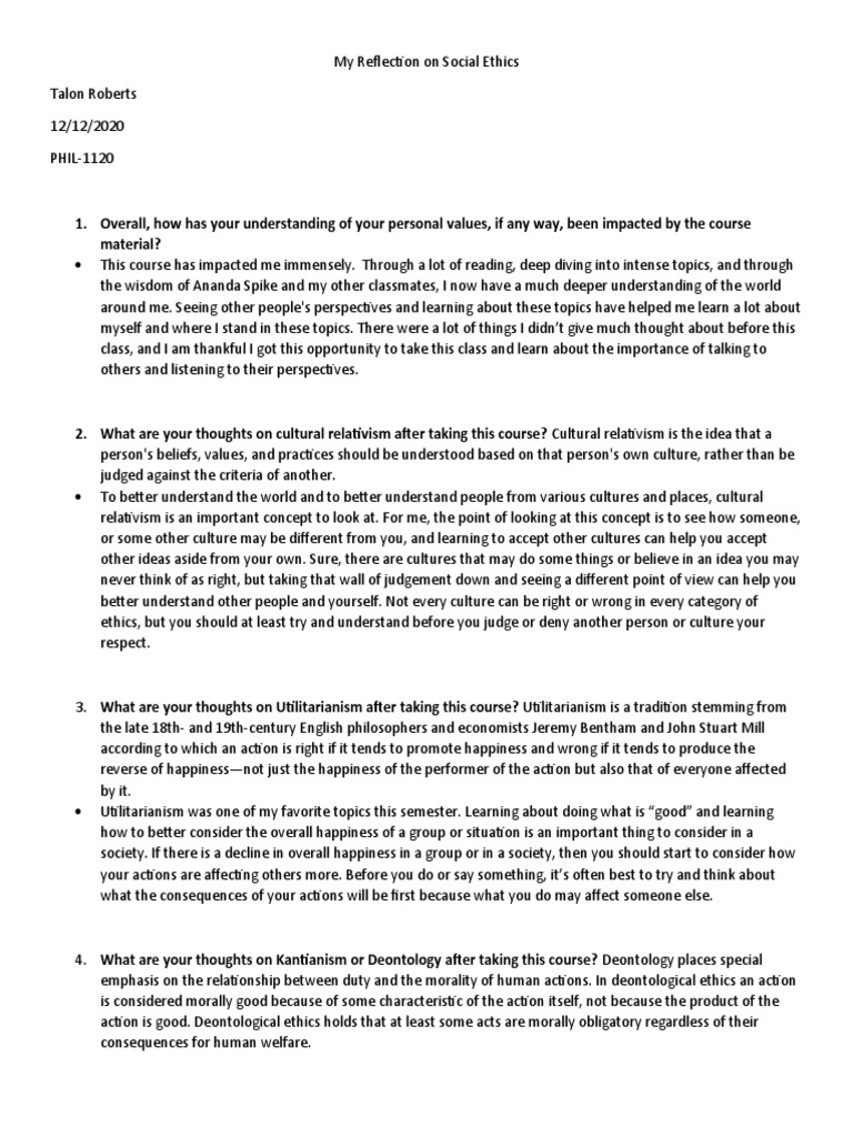My Reflection On Social Ethics | PDF | Virtue Ethics | Utilitarianism