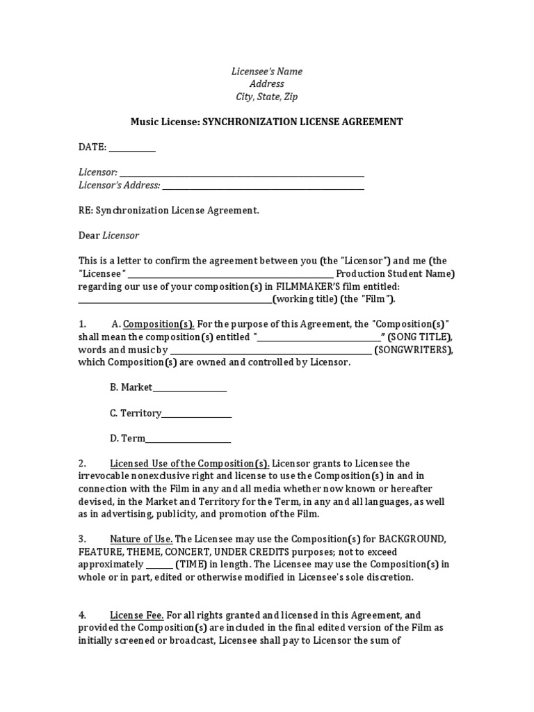 Music Sync License PDF | PDF | License | Indemnity