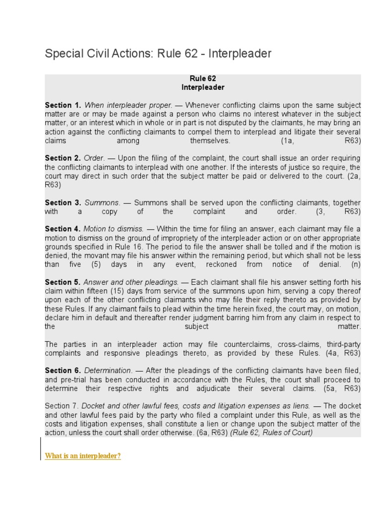 Special Civil Actions: Rule 62 - Interpleader: What Is An Interpleader ...