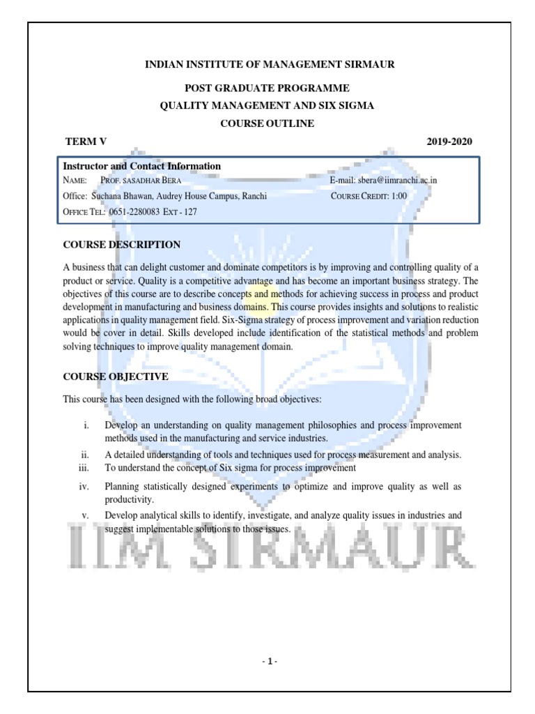 Course Outline Quality Management and Six Sigma 2020 - IIM Sirmaur ...