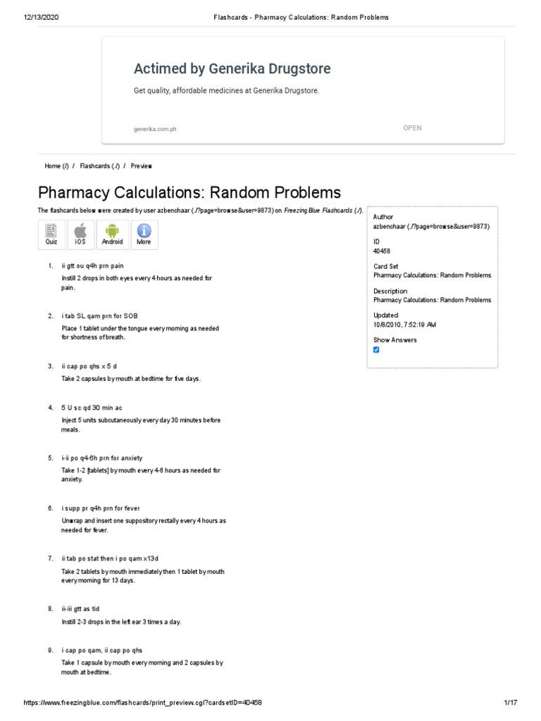 Pharmacy Calculations: Random Problems: Actimed by Generika Drugstore ...