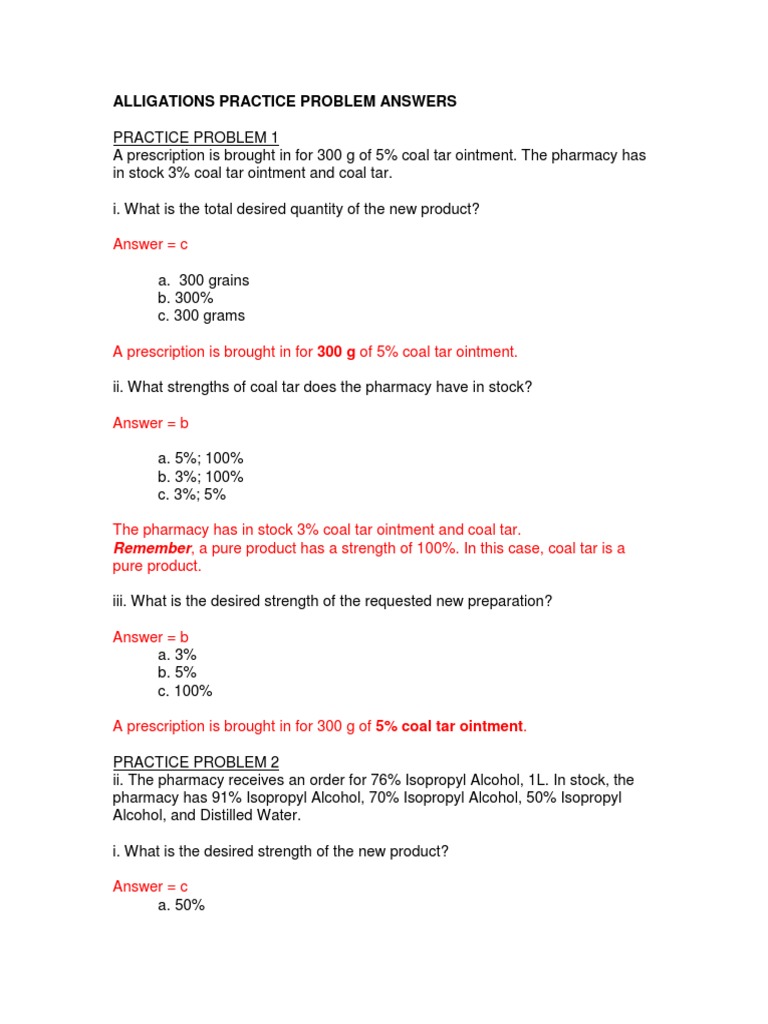 Alligations Practice Problem Answers: Answer C | PDF | Pharmacy | Medical Prescription