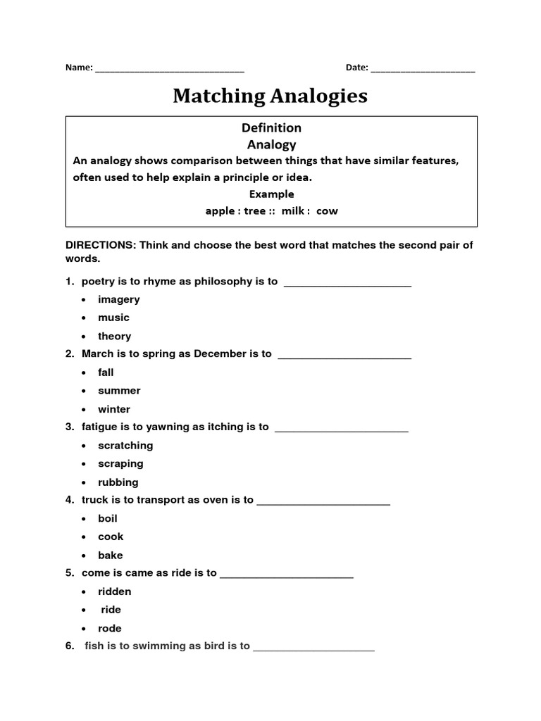 Matching Analogy Worksheet | PDF | Nature