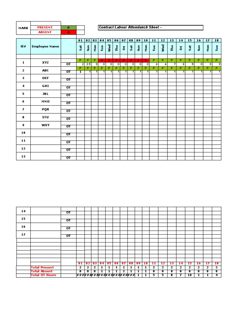 Attendance Sheet - Contract Labour | PDF | Business