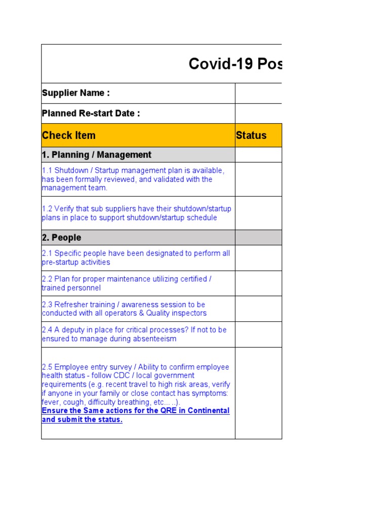 Covid-19 Post Lockdown Production Restart & Part Readiness Checklist ...
