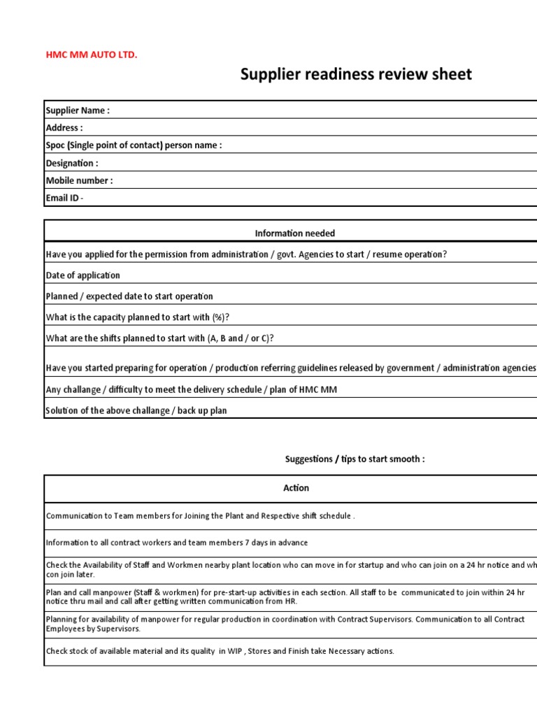 Supplier Readiness Review Sheet | Download Free PDF | Supply Chain ...