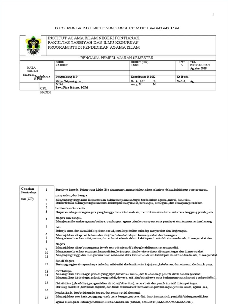 RPS Evalusi Pembelajaran PAI | PDF