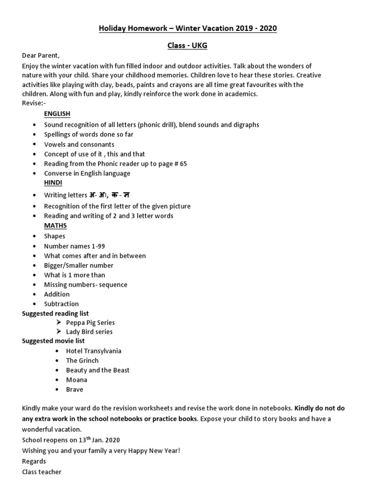 Class UKG Winter Holiday Homework 2019 PDF | PDF | Linguistics | Semiotics