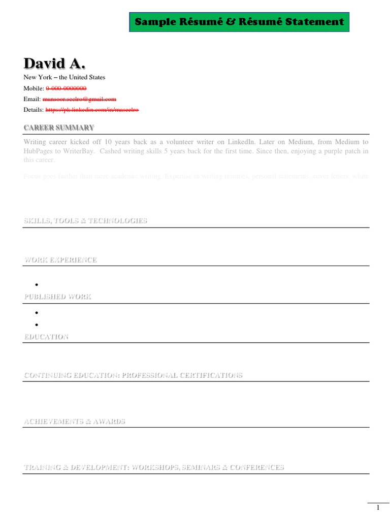 Sample Résumé & Résumé Statement | PDF