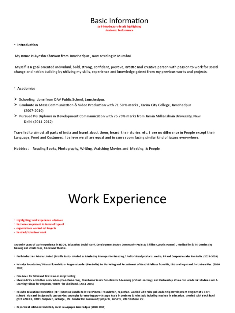 Basic Information: Self-Introductory Details Highlighting Academic ...
