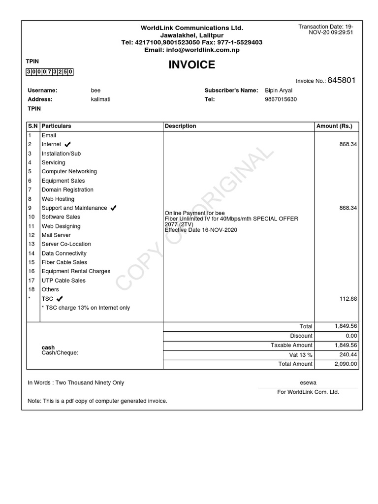 Invoice: Worldlink Communications Ltd. Jawalakhel, Lalitpur Tel ...