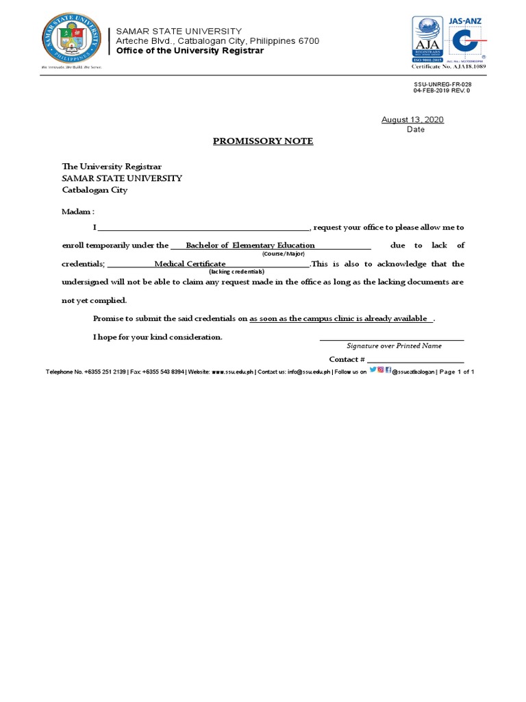Promissory Note: Office of The University Registrar | PDF