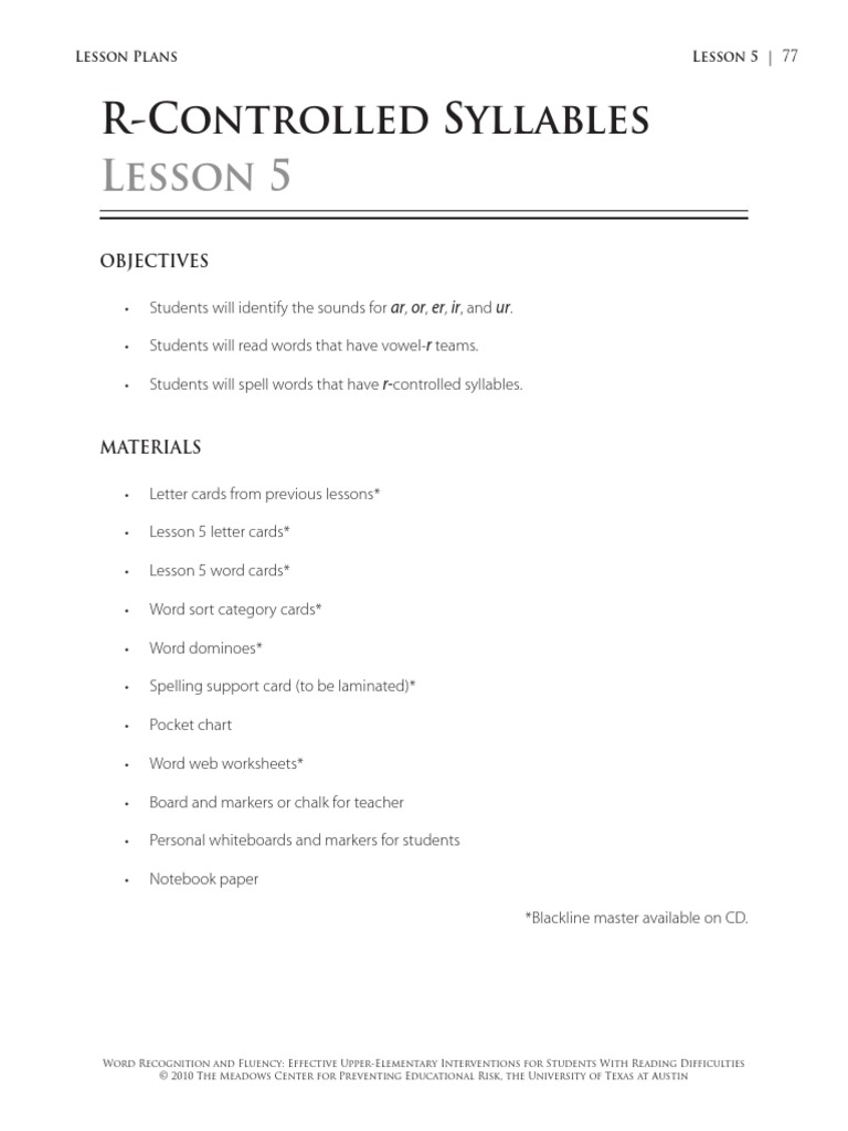 Lesson 5: R-Controlled Syllables | PDF | Reading Comprehension | Syllable