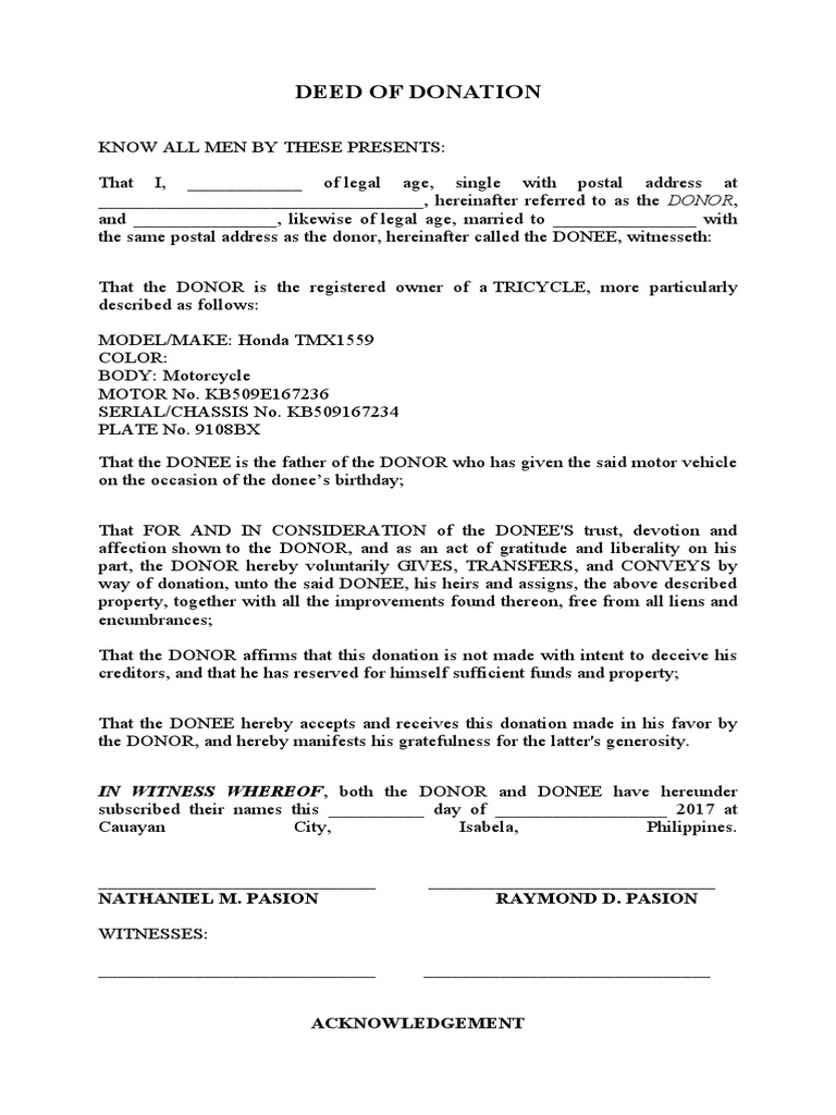Deed of Donation: in Witness Whereof, Both The Donor and Donee Have ...