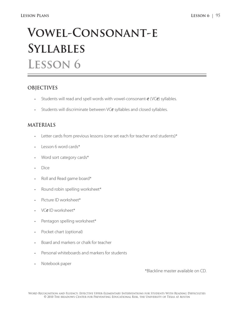 Lesson 6: Vowel-Consonant-e Syllables | PDF | Syllable | Vowel