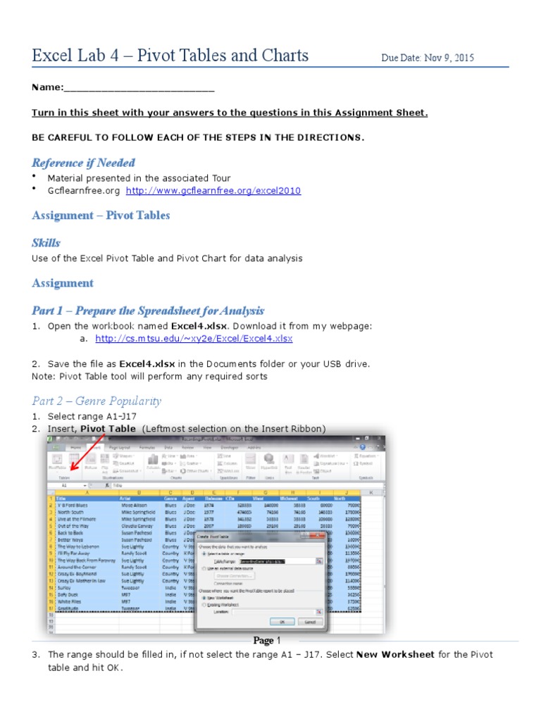 Excel Lab 4 - Pivot Tables and Charts: Reference If Needed | PDF ...