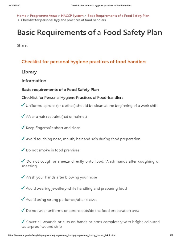 Checklist For Personal Hygiene Practices of Food Handlers PDF | PDF ...
